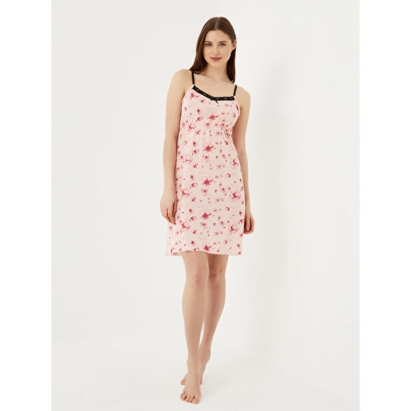 Ecrou Kalp Yaka Desenli Askılı Kadın Gecelik