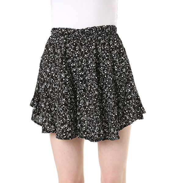 Ecrou Beli Lastikli Desenli Viskon Kadın Şort Etek