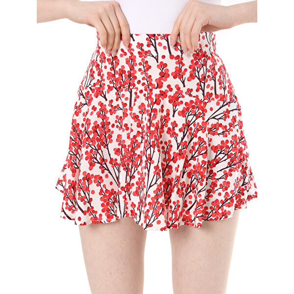 Ecrou Beli Lastikli Desenli Viskon Kadın Şort Etek