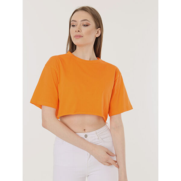 Ecrou Bisiklet Yaka Düz Kısa Kollu Crop Pamuklu Kadın Tişört
