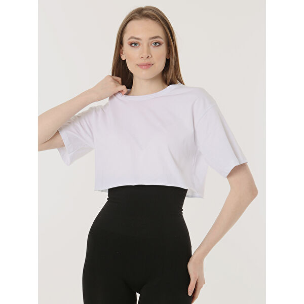 Ecrou Bisiklet Yaka Düz Kısa Kollu Crop Pamuklu Kadın Tişört