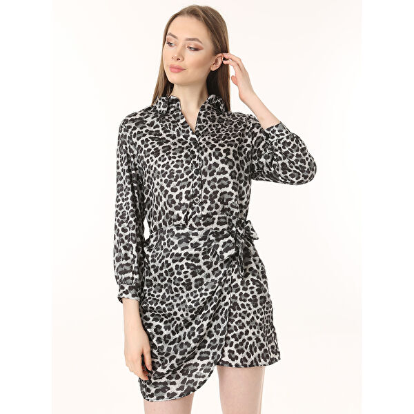 Ecrou Gömlek Yaka Leopar Desenli Kadın Elbise
