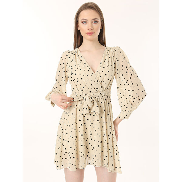 Ecrou Kruvaze Yaka Puantiyeli Uzun Kollu Şifon Kadın Elbise