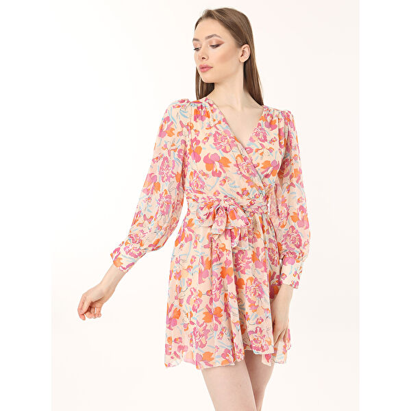 Ecrou Kruvaze Yaka Puantiyeli Uzun Kollu Şifon Kadın Elbise