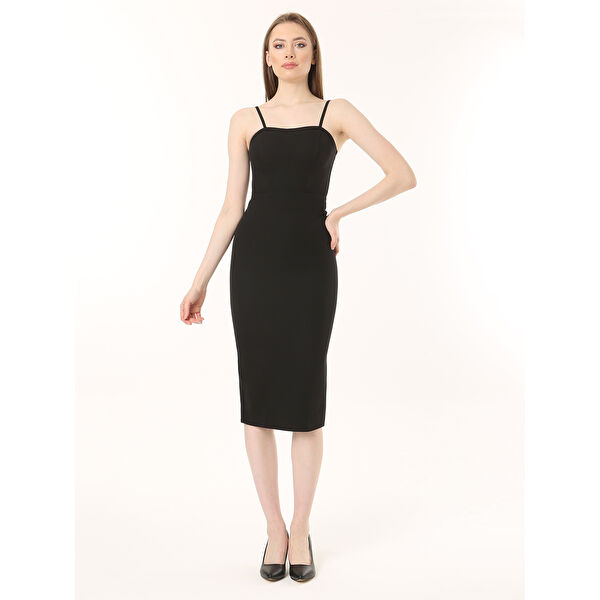 Ecrou Kalp Yaka Düz Askılı Skuba Kumaş Kadın Elbise