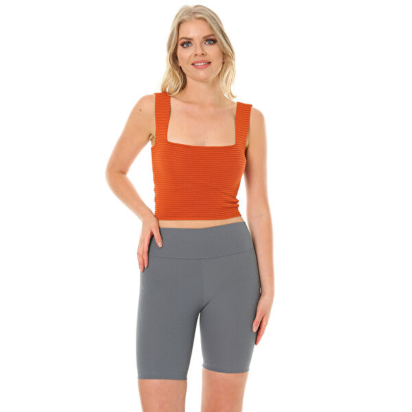 Ecrou Kare Yaka Düz Crop Kadın Atlet