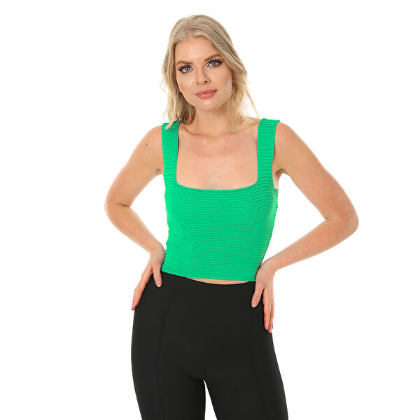 Ecrou Kare Yaka Düz Crop Kadın Atlet