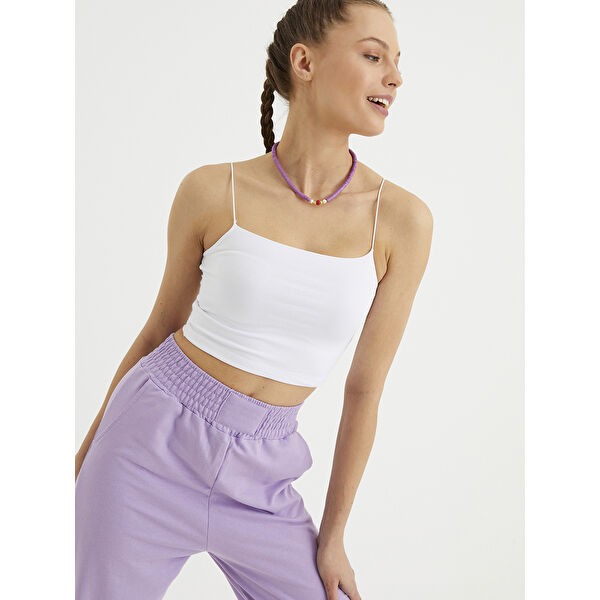 Ecrou Kare Yaka Düz Askılı Pamuklu Kadın Atlet