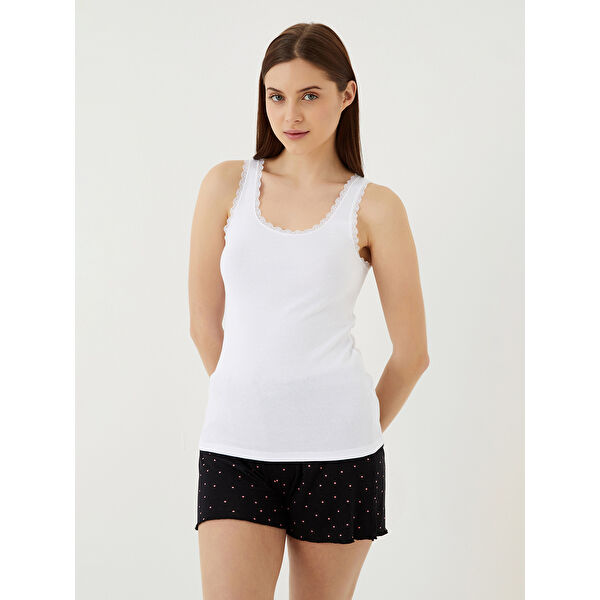 Ecrou U Yaka Nakışlı Pamuklu Kadın İç Giyim Atlet