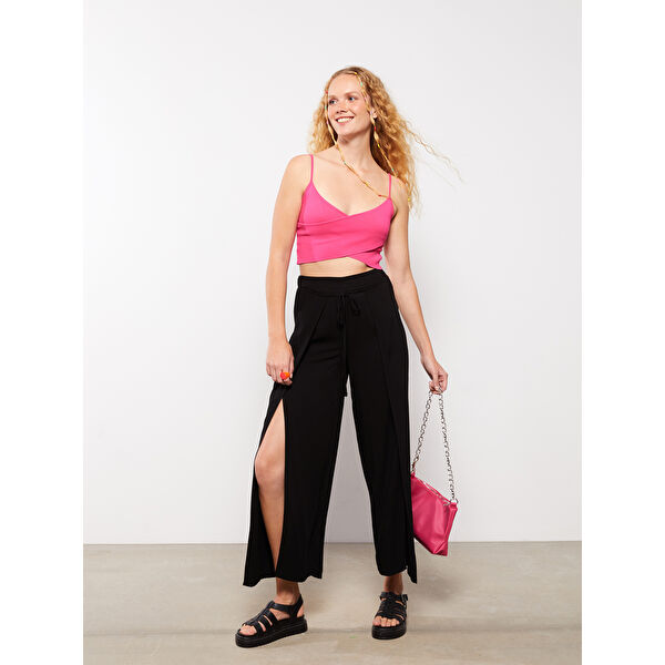 Beli Lastikli Rahat Kalıp Düz Viskon Kadın Pantolon