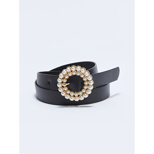 Deri Görünümlü İnci Tokalı Kadın Kemer