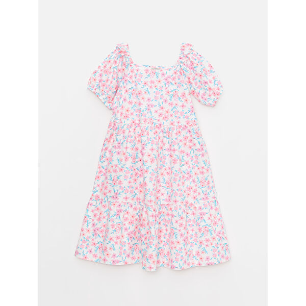 Kare Yaka Desenli Kısa Kollu Kız Çocuk Elbise