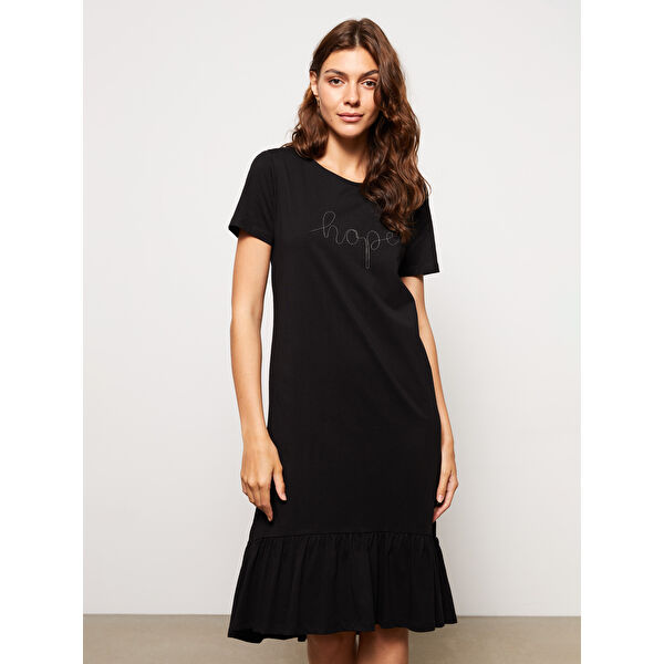 Bisiklet Yaka Nakışlı Kısa Kollu Pamuklu Kadın Elbise