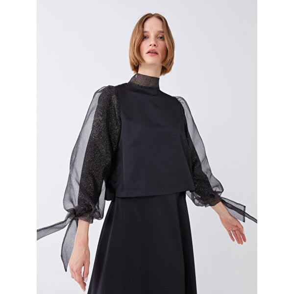 Dik Yaka Düz Parlak Görünümlü Uzun Kollu Kadın Bluz