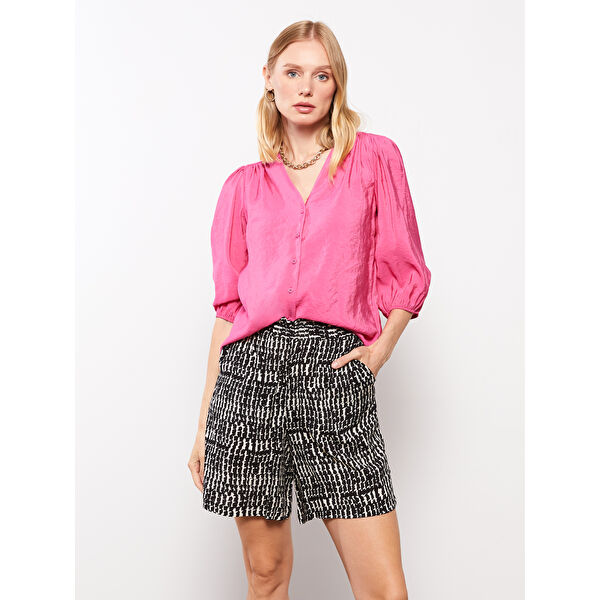 V Yaka Düz Tencel Kadın Gömlek