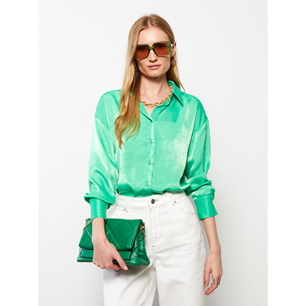 Önden Düğme Kapamalı Düz Uzun Kollu Saten Kadın Gömlek