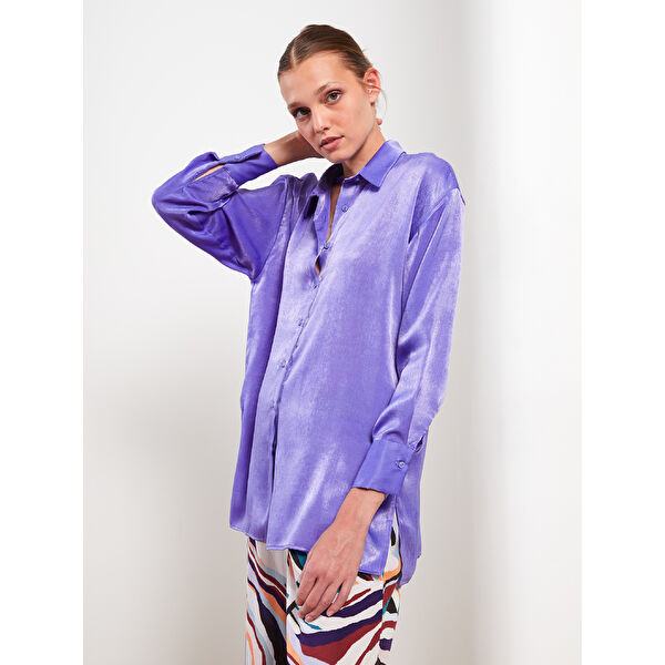 Önden Düğme Kapamalı Düz Uzun Kollu Saten Kadın Gömlek