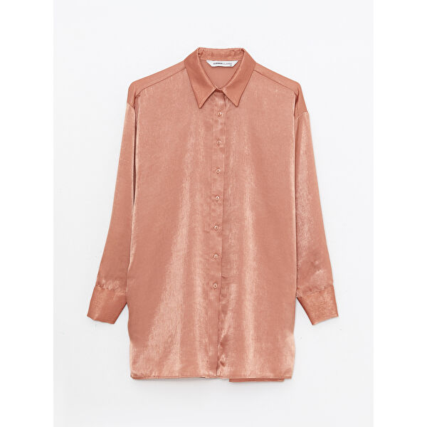 Önden Düğme Kapamalı Düz Uzun Kollu Saten Kadın Gömlek