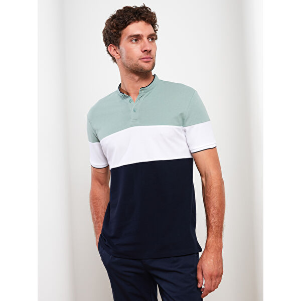 Hakim Yaka Kısa Kollu Renk Bloklu Erkek Tişört