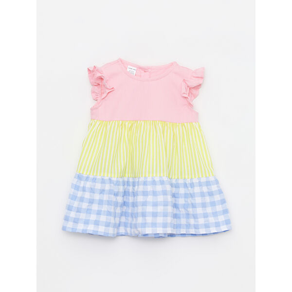 Bisiklet Yaka Kısa Kollu Renk Bloklu Kız Bebek Elbise