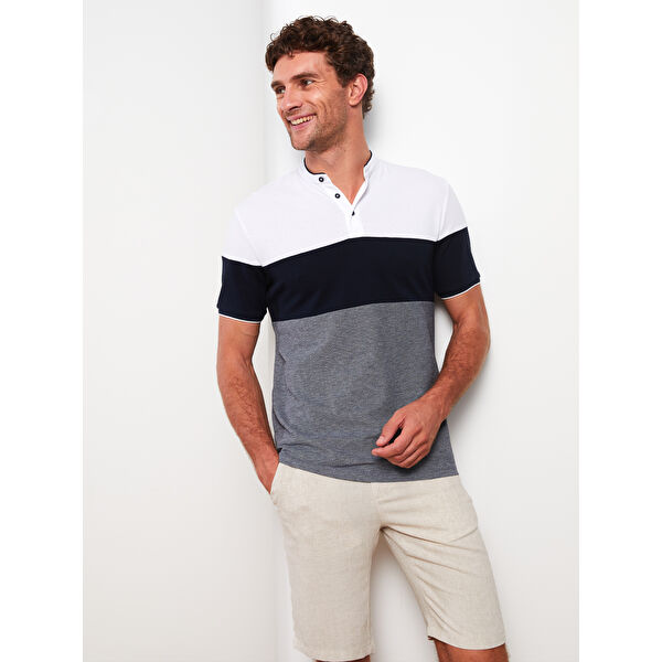 Hakim Yaka Kısa Kollu Renk Bloklu Erkek Tişört