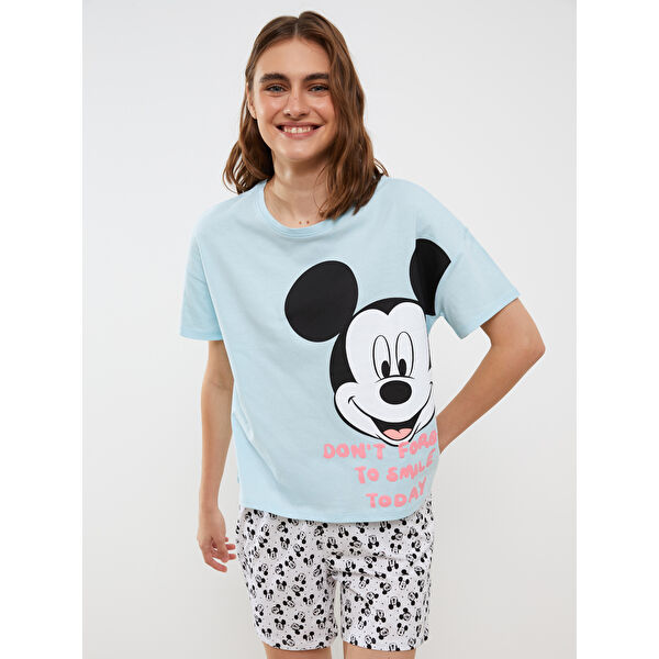 Bisiklet Yaka Mickey Mouse Baskılı Kısa Kollu Kadın Pijama Takımı Bisiklet Yaka Mickey Mouse Baskılı Kısa Kollu Kadın Pijama Takımı