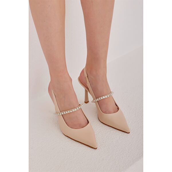Deri Görünümlü Taş Detaylı Kadın Topuklu Ayakkabı