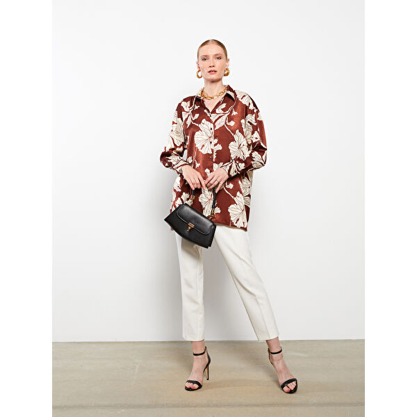 Çiçekli Uzun Kollu Saten Kadın Gömlek