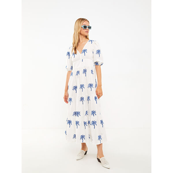 Busem V Yaka Nakışlı Kısa Kollu Viskon Kadın Elbise Busem V Yaka Nakışlı Kısa Kollu Viskon Kadın Elbise