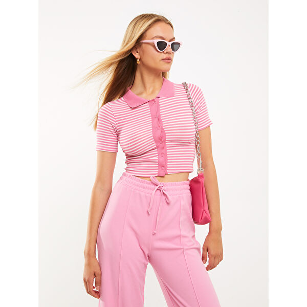 Busem Polo Yaka Çizgili Kısa Kollu Kadın Tişört