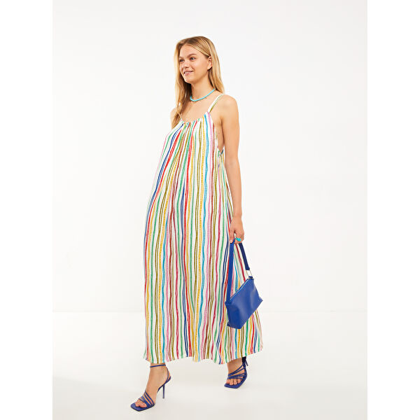 Busem U Yaka Çizgili Askılı Viskon Kadın Elbise