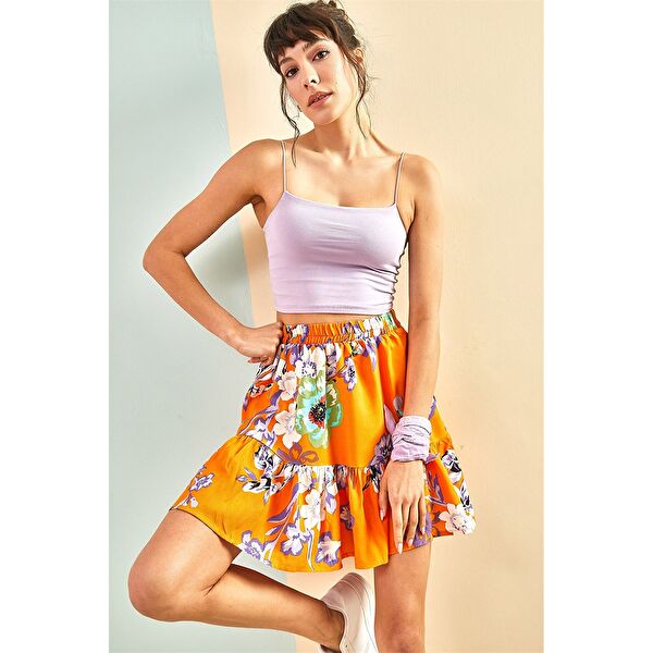 Shade Beli Lastikli Desenli Viskon Kadın Etek