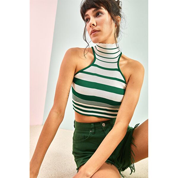 Shade Halter Yaka Çizgili Kolsuz Crop Kadın Bluz
