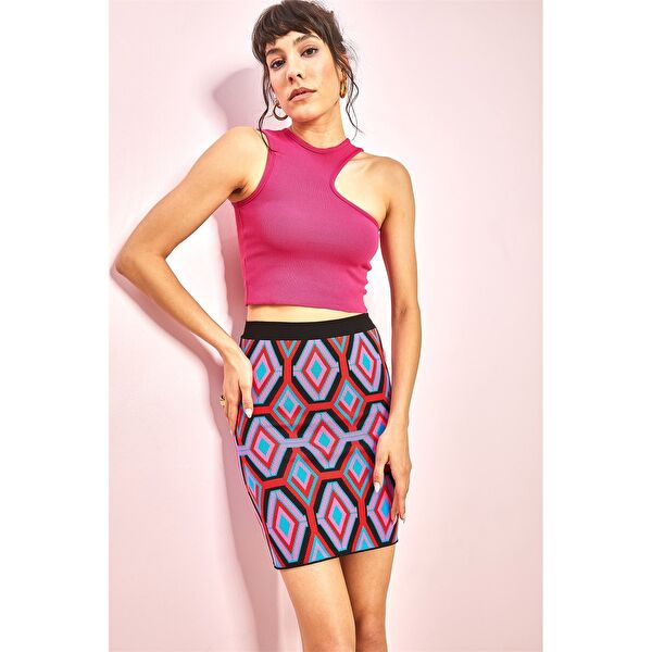 Shade Beli Lastikli Desenli Kadın Triko Etek