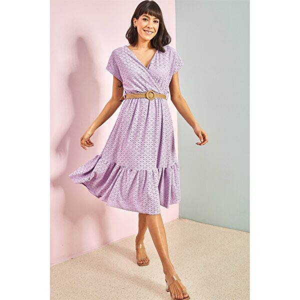 Shade Kruvaze Yaka Nakışlı Kısa Kollu Kadın Elbise