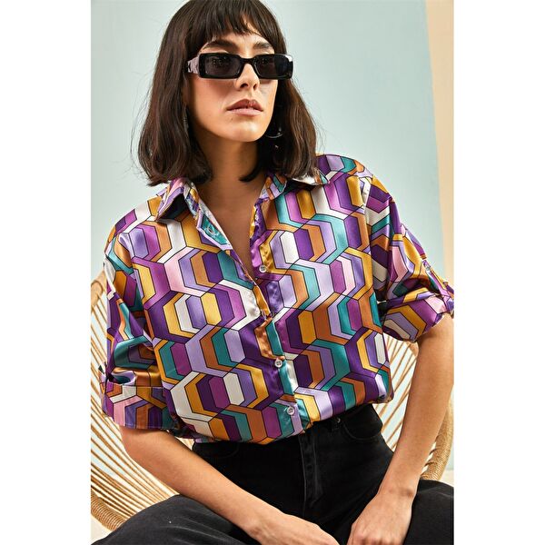 Shade Önden Düğme Kapamalı Desenli Uzun Kollu Saten Kadın Gömlek