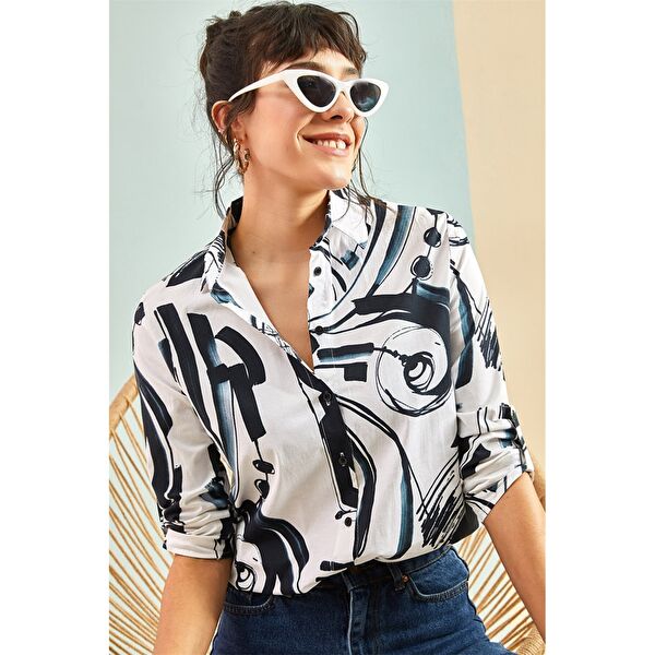 Shade Önden Düğme Kapamalı Desenli Viskon Kadın Gömlek