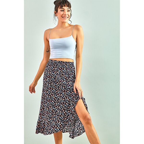 Shade Beli Lastikli Desenli Viskon Kadın Etek