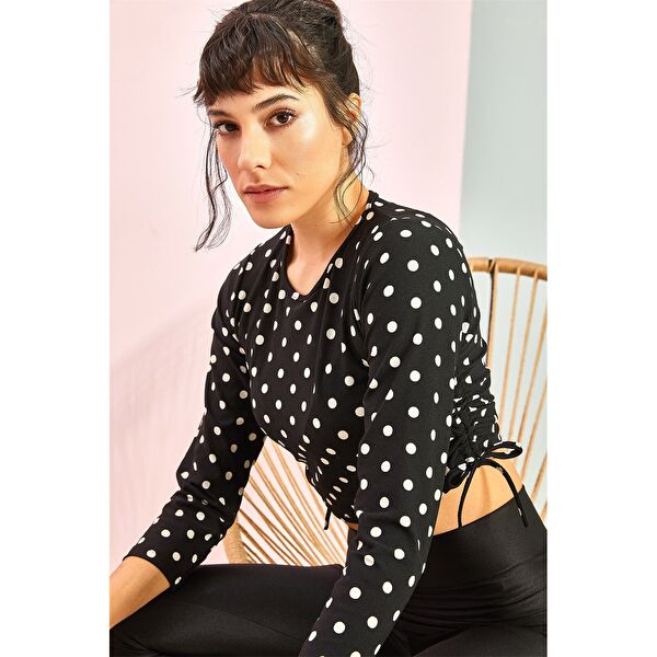 Shade Bisiklet Yaka Puantiyeli Uzun Kollu Kadın Bluz
