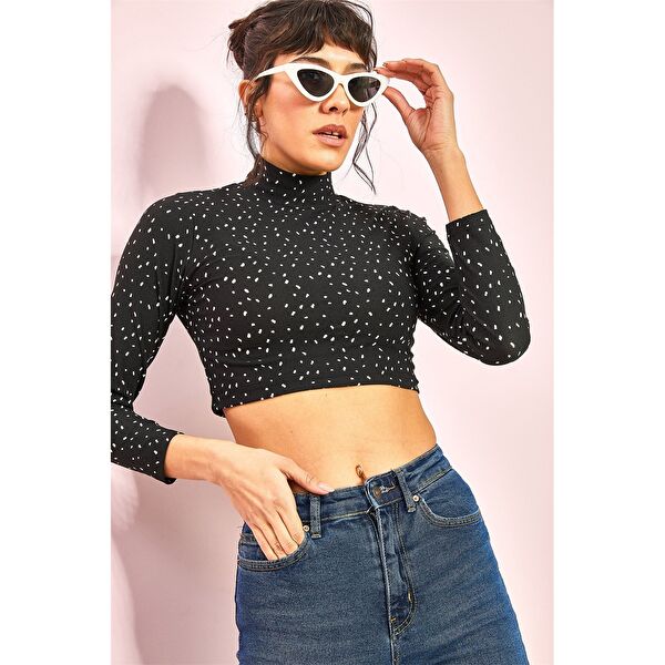 Shade Dik Yaka Desenli Uzun Kollu Kadın Crop Bluz