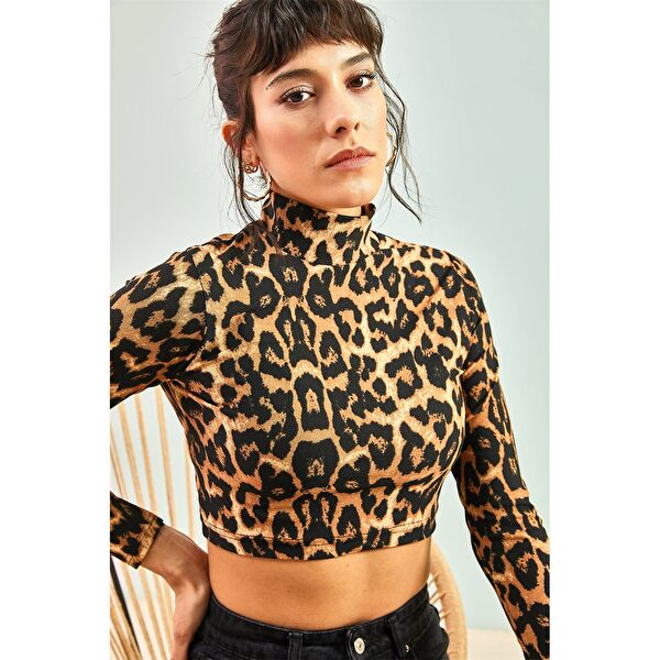 Shade Dik Yaka Desenli Uzun Kollu Kadın Crop Bluz