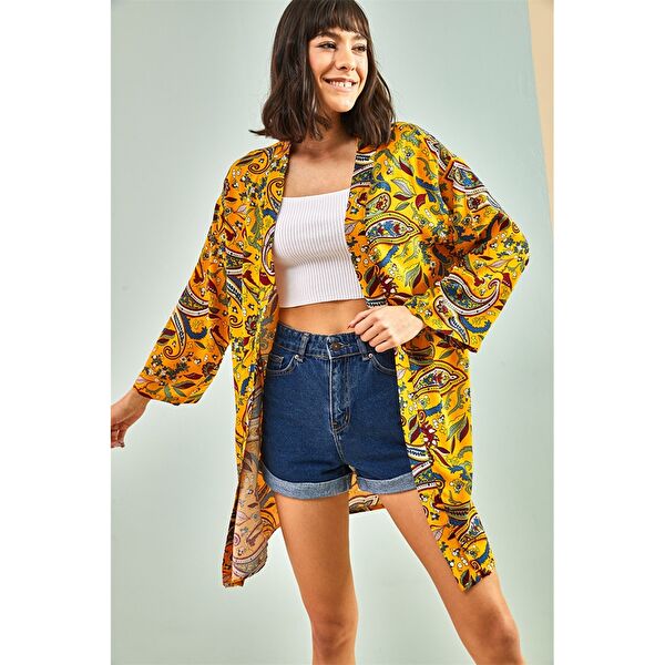 Shade Şal Yaka Desenli Uzun Kollu Pamuklu Kadın Kimono