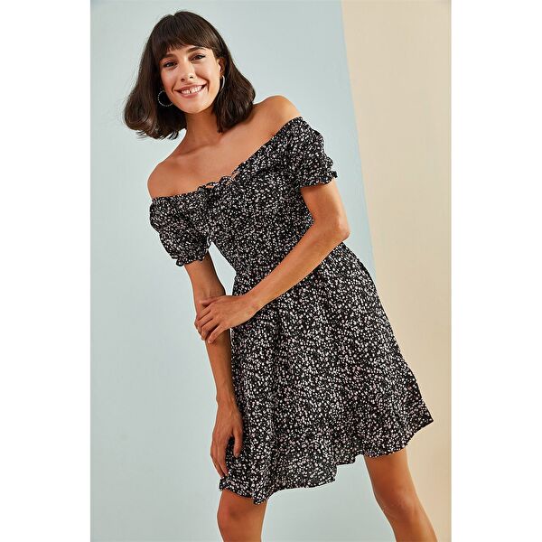 Shade Kayık Yaka Çiçekli Kısa Kollu Viskon Kadın Elbise