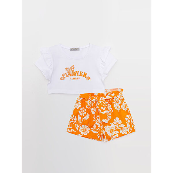 Little Star Bisiklet Yaka Baskılı Kısa Kollu Kız Çocuk Tişört ve Şort