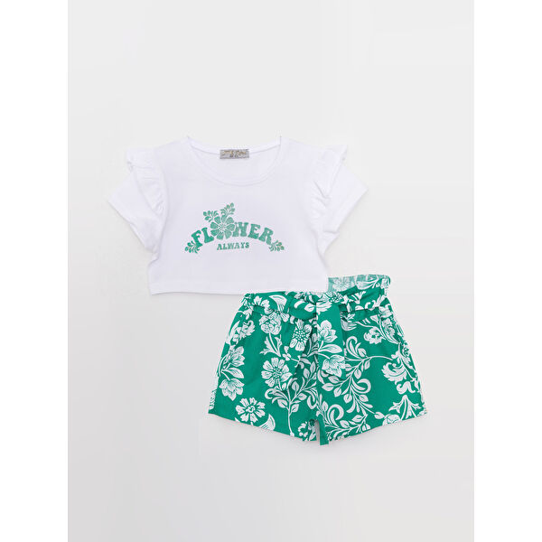 Little Star Bisiklet Yaka Baskılı Kısa Kollu Kız Çocuk Tişört ve Şort