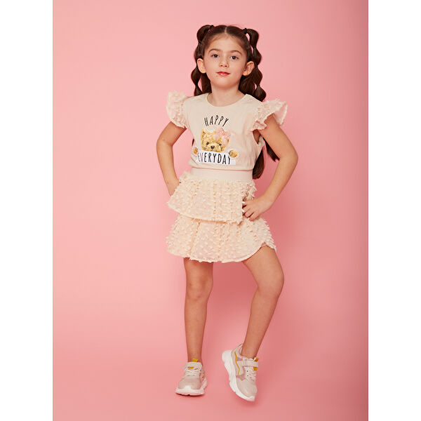 Little Star Bisiklet Yaka Baskılı Kısa Kollu Kız Çocuk Tişört