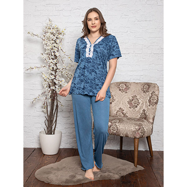 V Yaka Çiçekli Kısa Kollu Viskon Kadın Pijama Takımı