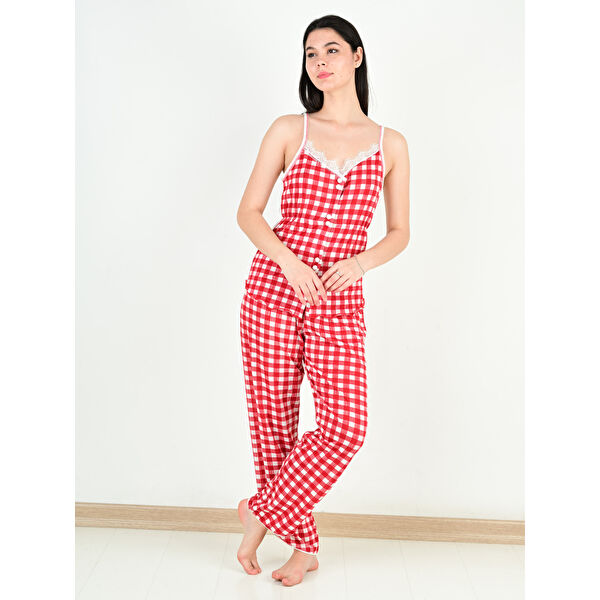 Kalp Yaka Ekose Askılı Kadın Pijama Takım