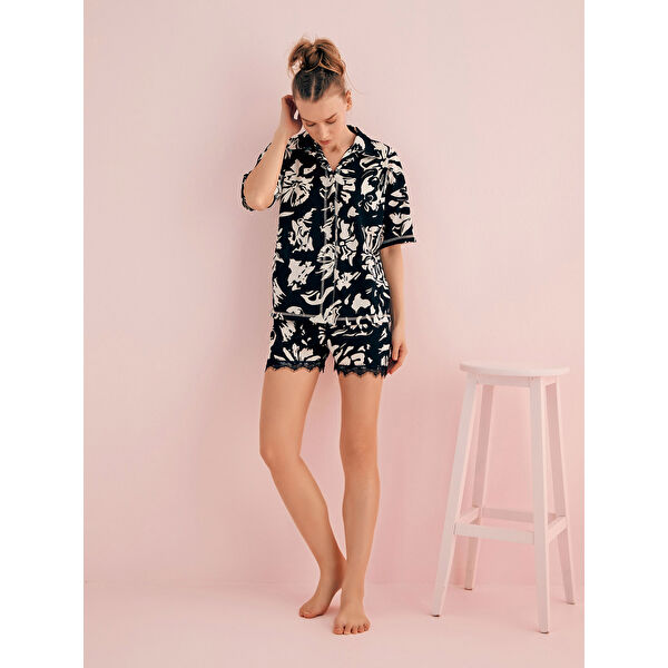 Gömlek Yaka Desenli Kısa Kollu Kadın Pijama Takım