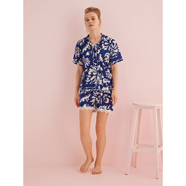 Gömlek Yaka Desenli Kısa Kollu Kadın Pijama Takım